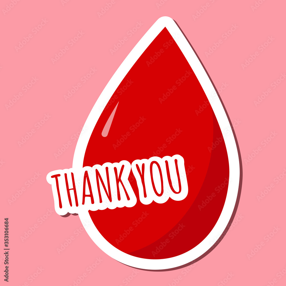 Colored bright sticker Thank you with blood drop and lettering Thank ...