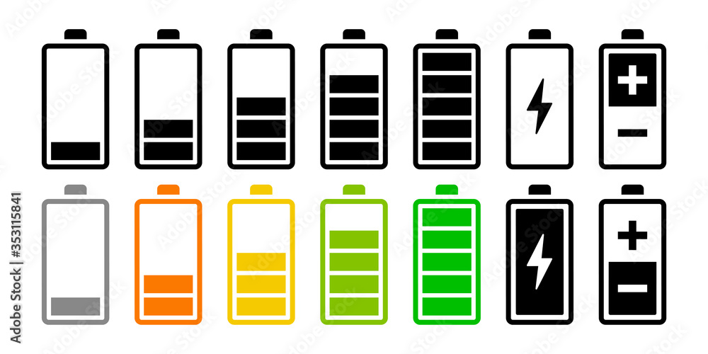 Battery icon collection. Battery vector sign symbol set. Charge ...
