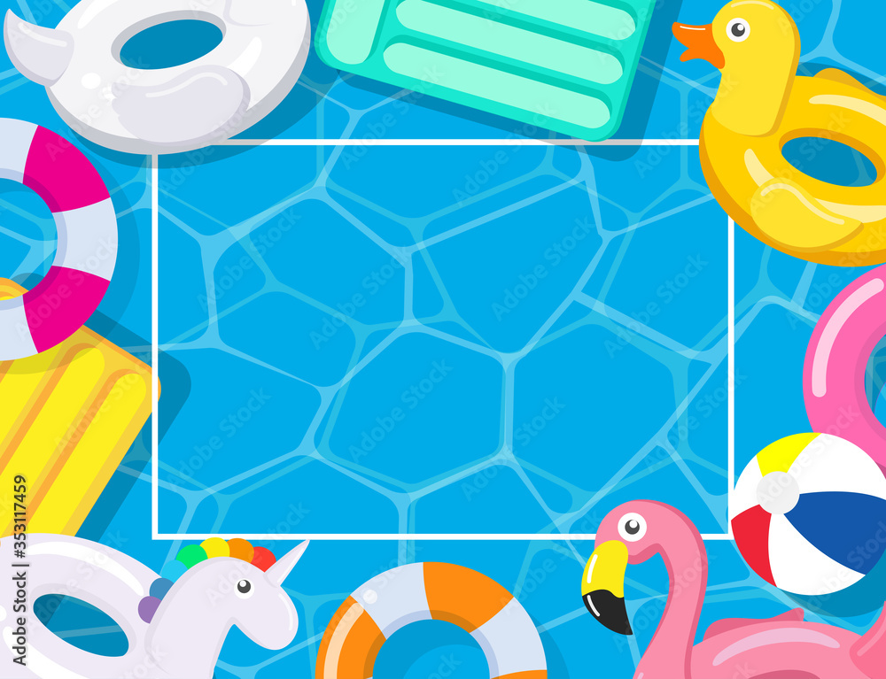Pool party frame with pool floats on swimming pool background - Vector ...
