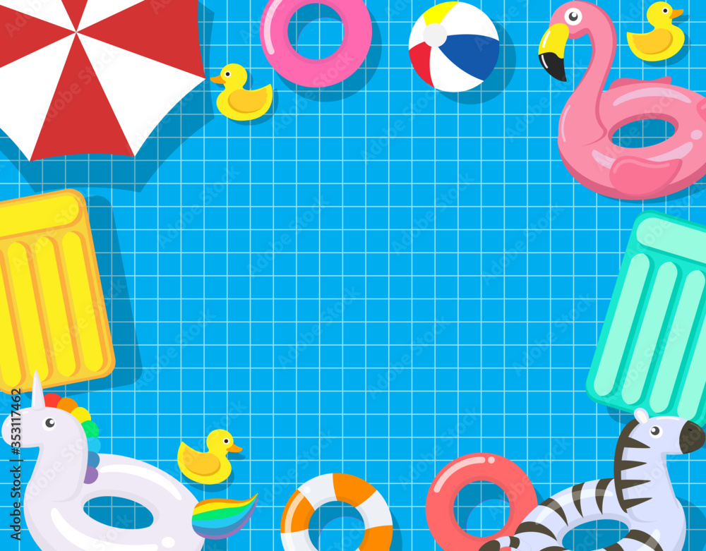 Pool party template with pool floats on swimming pool background ...