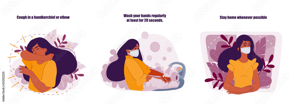 Virus protection, coughing and sneezing at the elbow, washing hands and ...