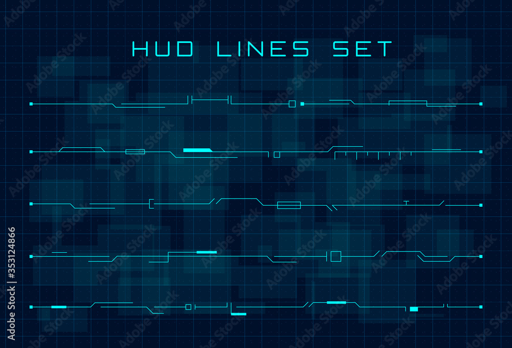 Set of blue HUD futuristic header and footer elements on dark hi tech ...