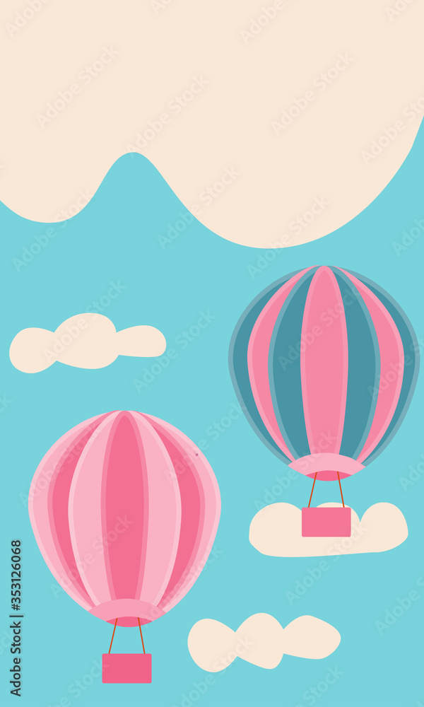 Banner with balloons flying in the sky, clouds and free space for text ...