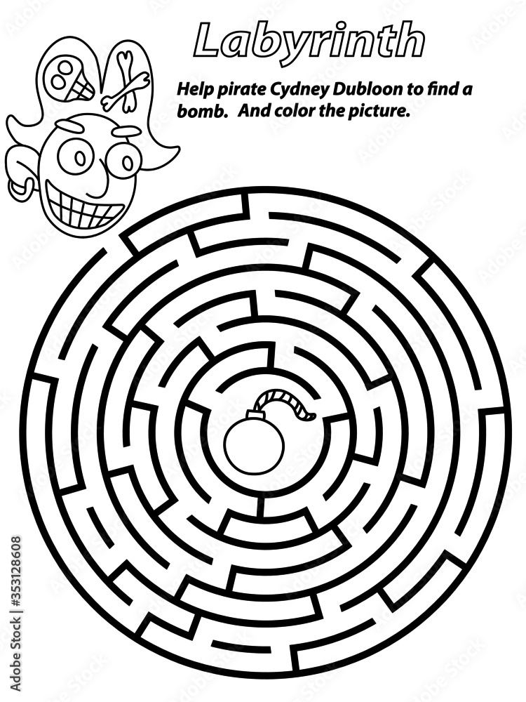 Labyrinth with pirate. Black and white circle maze stock vector ...