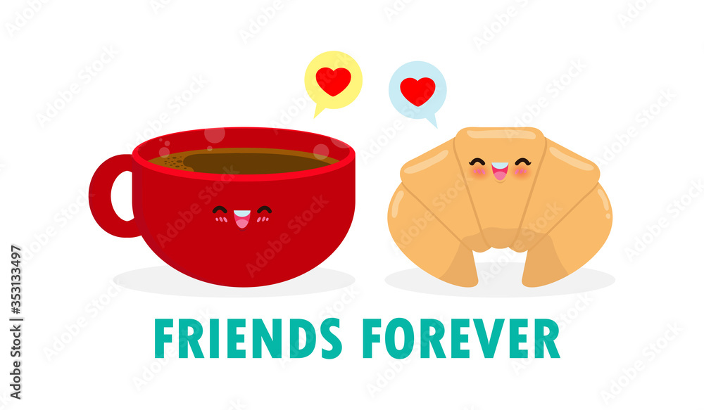Cute cartoon Happy cup of coffee and croissant, Breakfast Funny ...