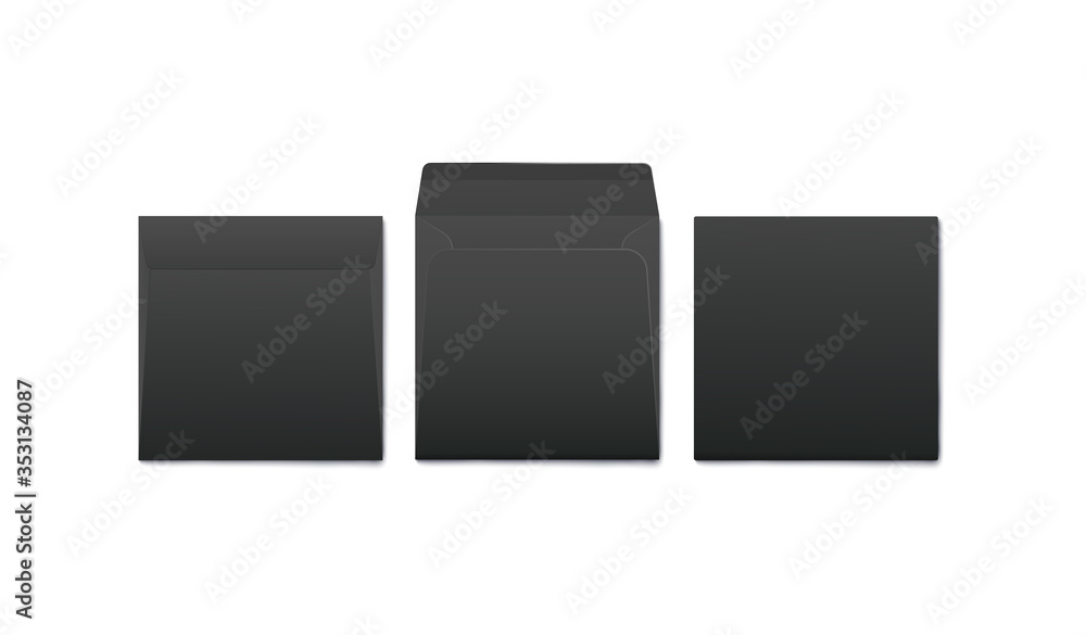 Black square envelope mockup - open and closed from front and back view ...