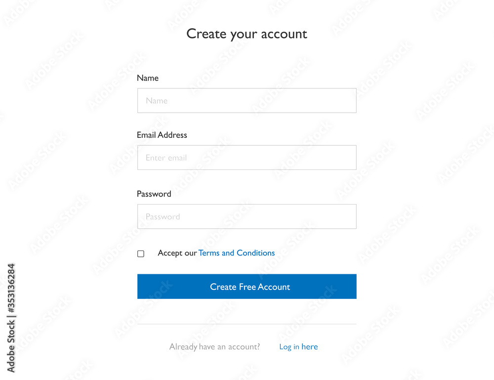 Create account form. Template of registration window. Mockup login ...