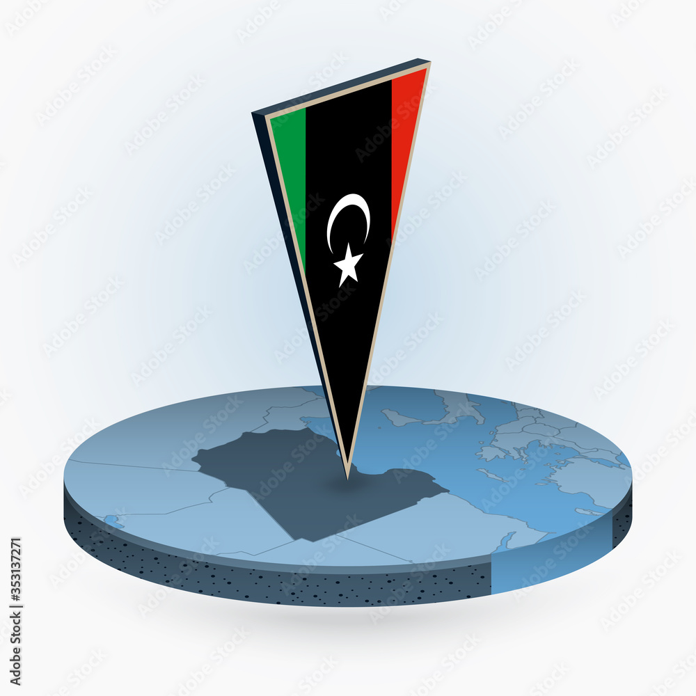 Libya map in round isometric style with triangular 3D flag of Libya ...