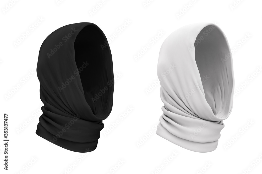 Headgear, buff, scarf, hat, hood in white and black color. Blank ...