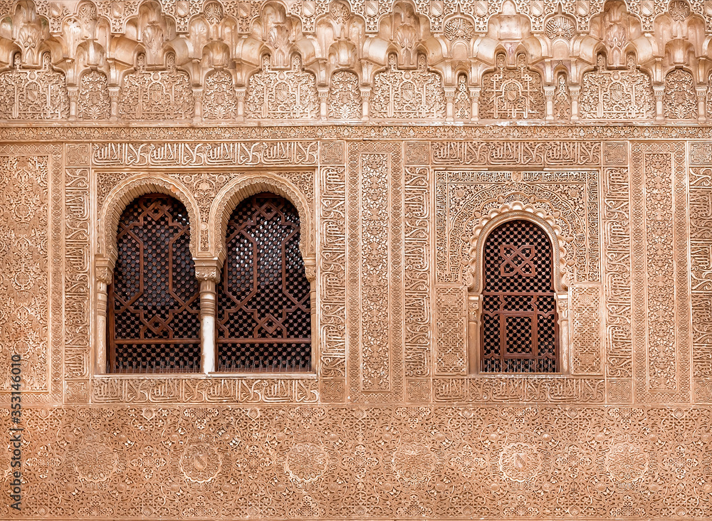 Windows and walls with patternes inside medieval architecture complex ...