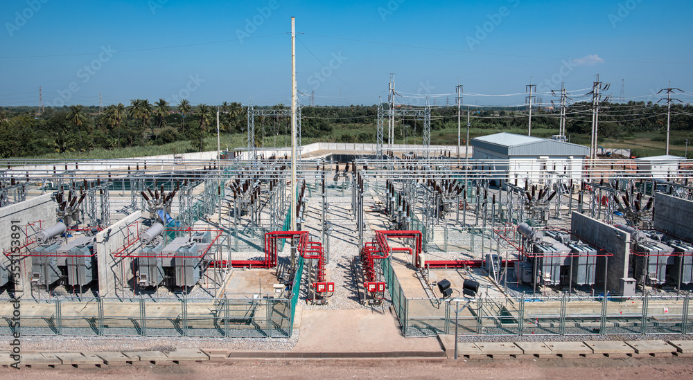 Power transformer in high voltage switchyard in modern electrical ...