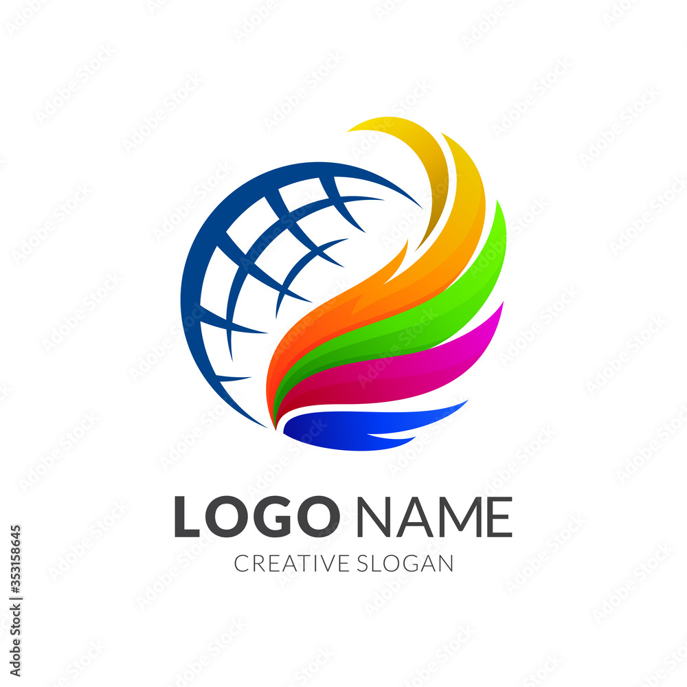 Wing Globe Business Logo Template, Colorful Feather Logo with World ...