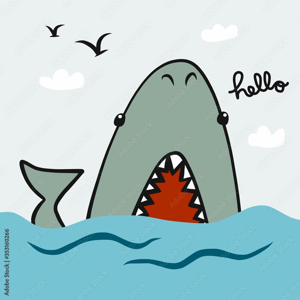 Shark say hello in the sea cartoon vector illustration doodle style ...