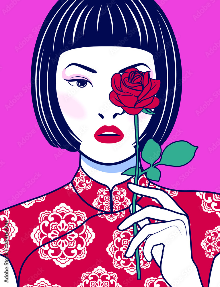 Beautiful Chinese Lady covering her eye with a red rose flower on pink ...