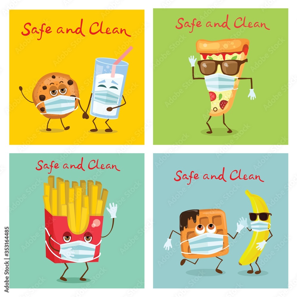 Set of waffle, banana, cookie, glass of milk, pizza, french potato ...