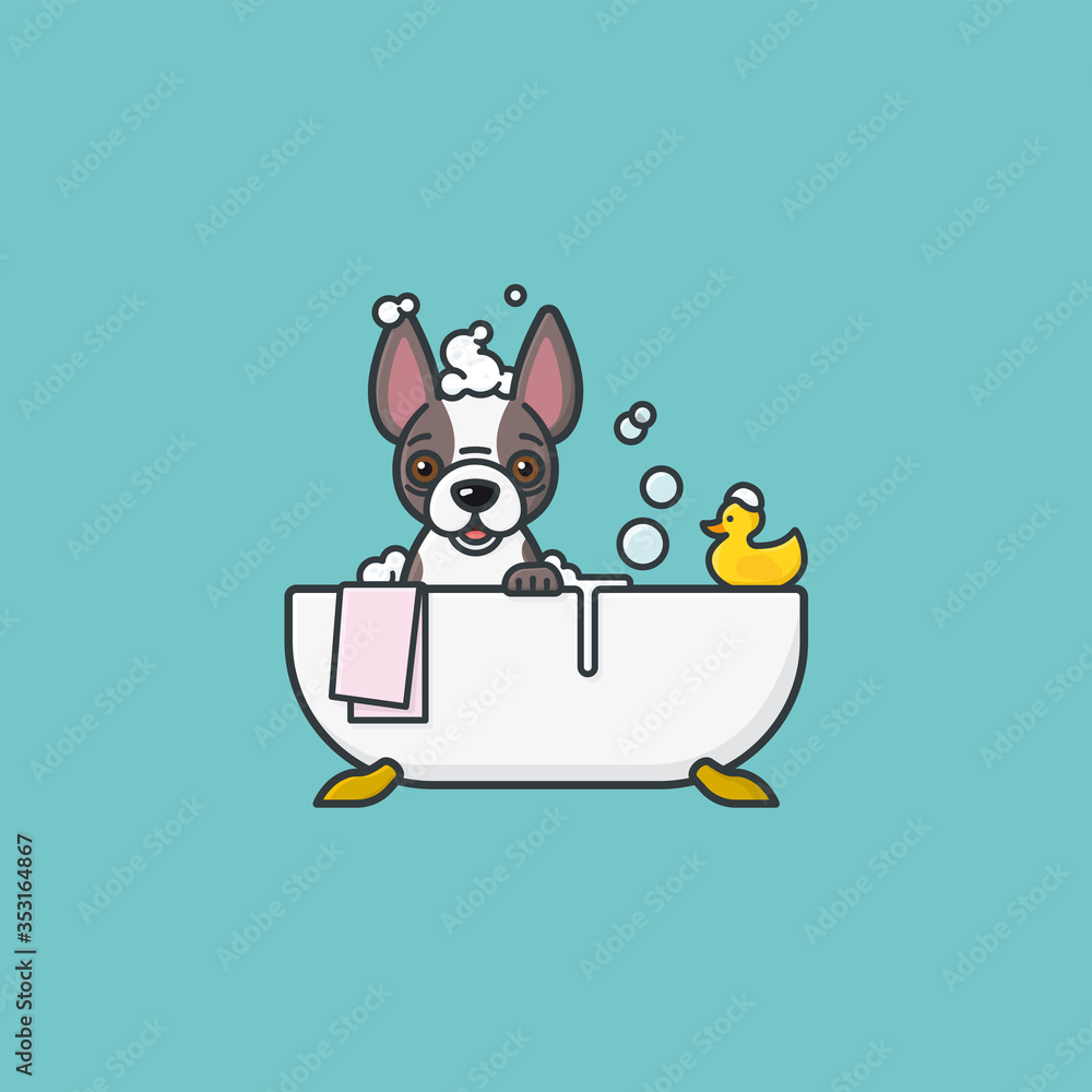 French Bulldog cartoon character bathing in bathtub vector illustration ...