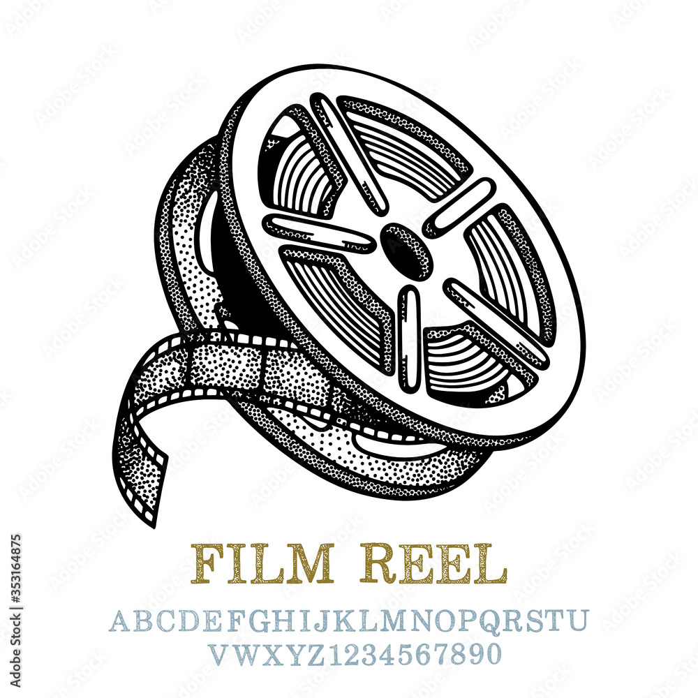 Film reel. Vintage style cinematographic emblem hand drawing. Film reel ...