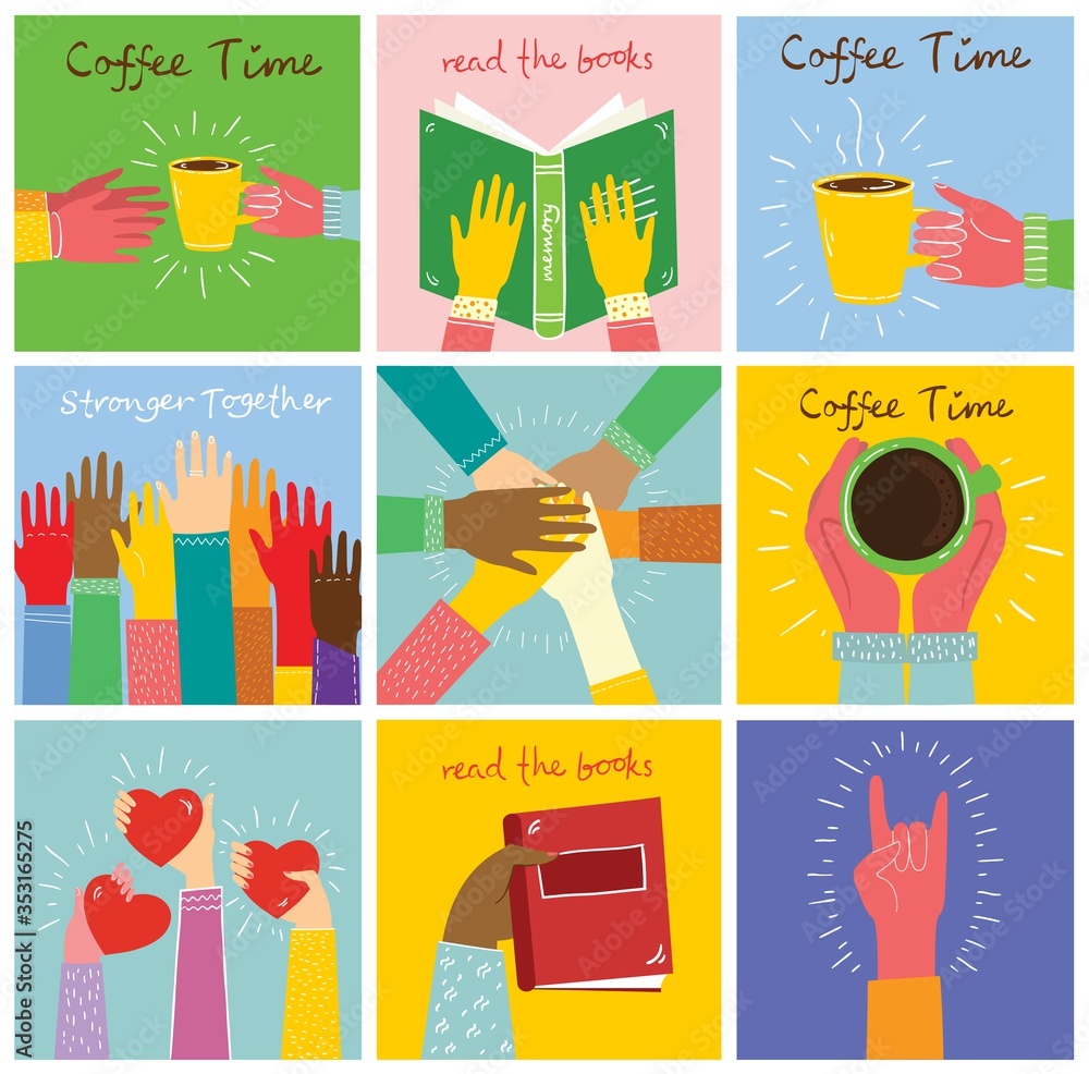 Big set of people hands illustration. Strong together many hands up ...