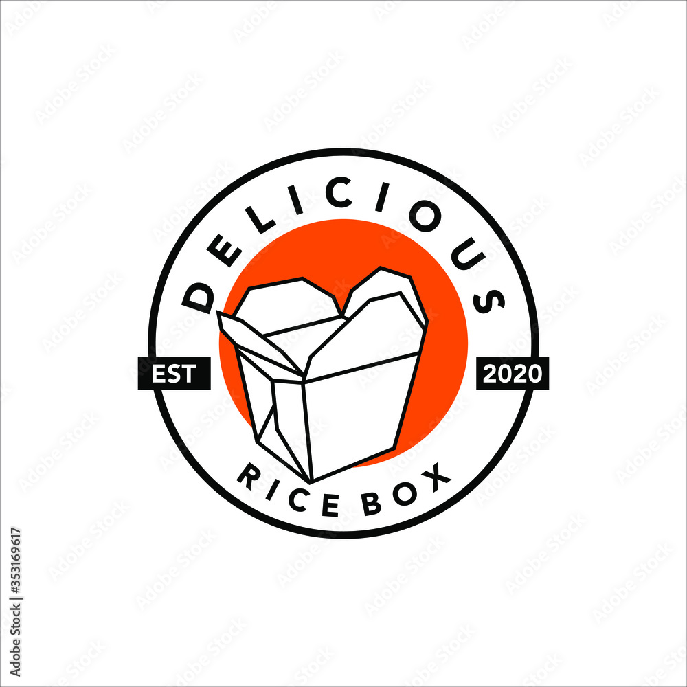 food logo rice box stamp label simple pack meal oriental eat fun ...
