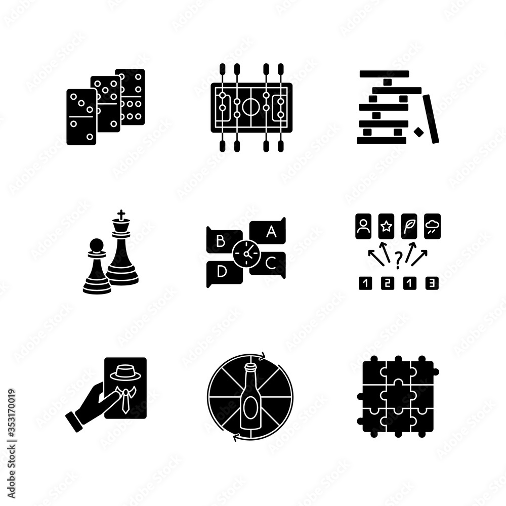 Party games black glyph icons set on white space. Recreation activities ...