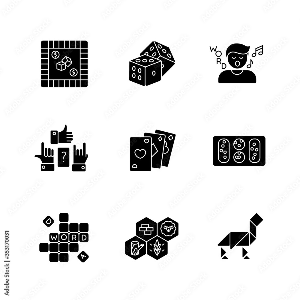Entertaining games black glyph icons set on white space. Traditional ...