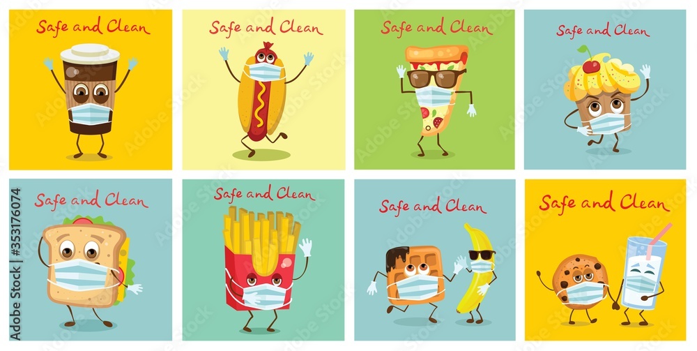 Big set of illustrations of food and meal cartoon style characters in ...