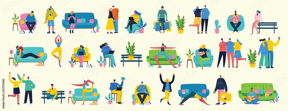 Big collage of people activity at home: play guitar, do yoga, read ...