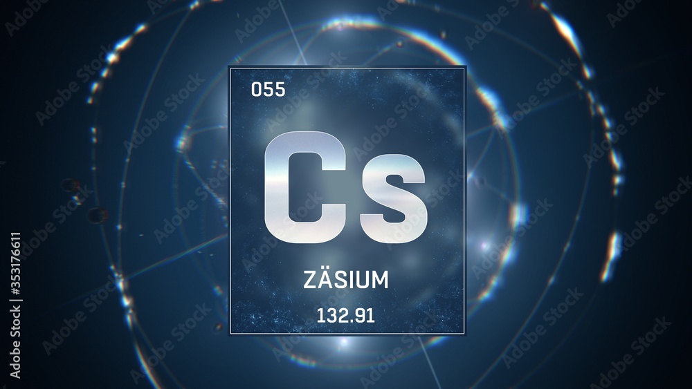 3D illustration of Cesium as Element 55 of the Periodic Table. Blue ...