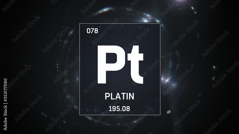 3D illustration of Platinum as Element 78 of the Periodic Table. Silver ...