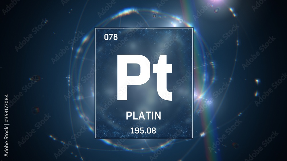 3D illustration of Platinum as Element 78 of the Periodic Table. Blue ...