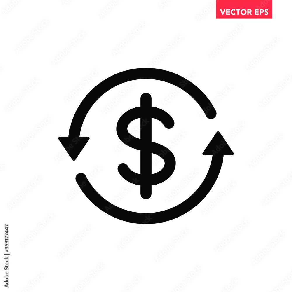 Black round money back refund investment icon, US dollar mark repeat ...