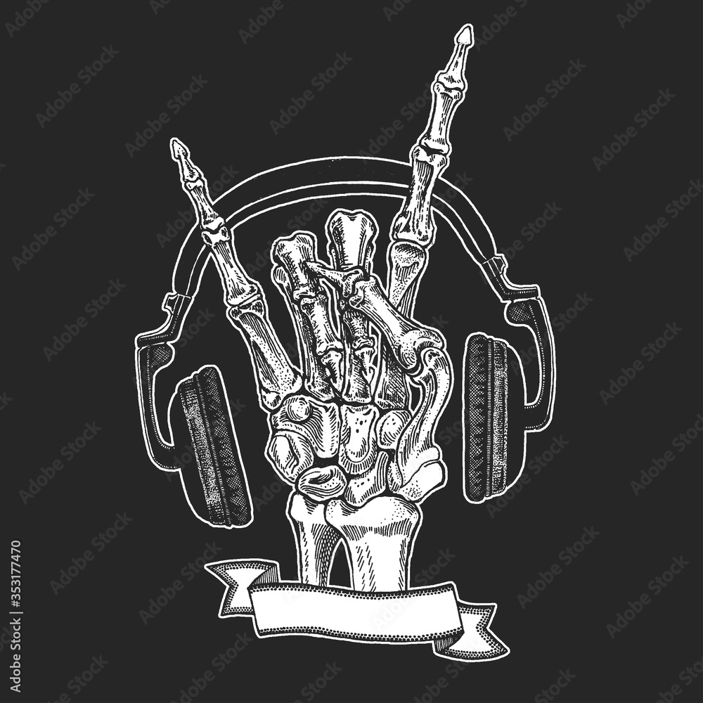 Rock heavy metal, hard rock music skeleton hand symbol. Vector icon ...