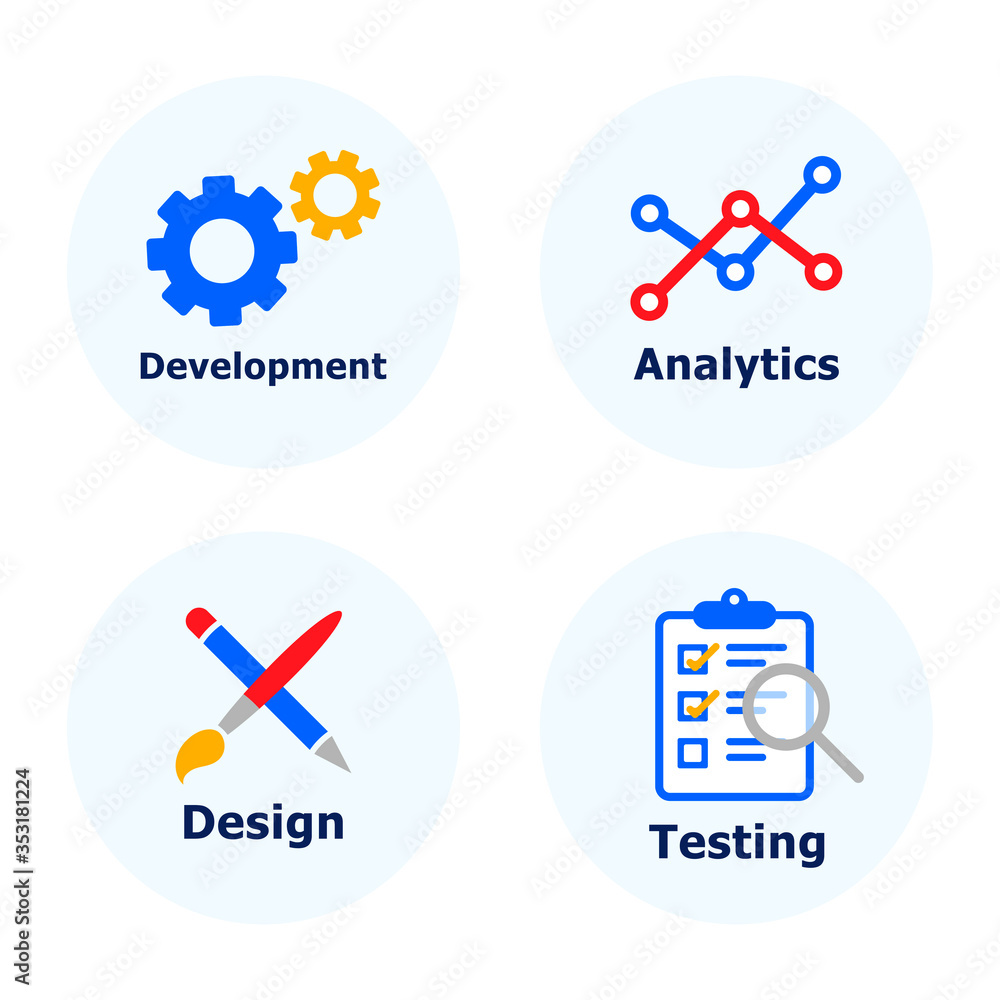 Flat icons for information technology business. Design, development ...