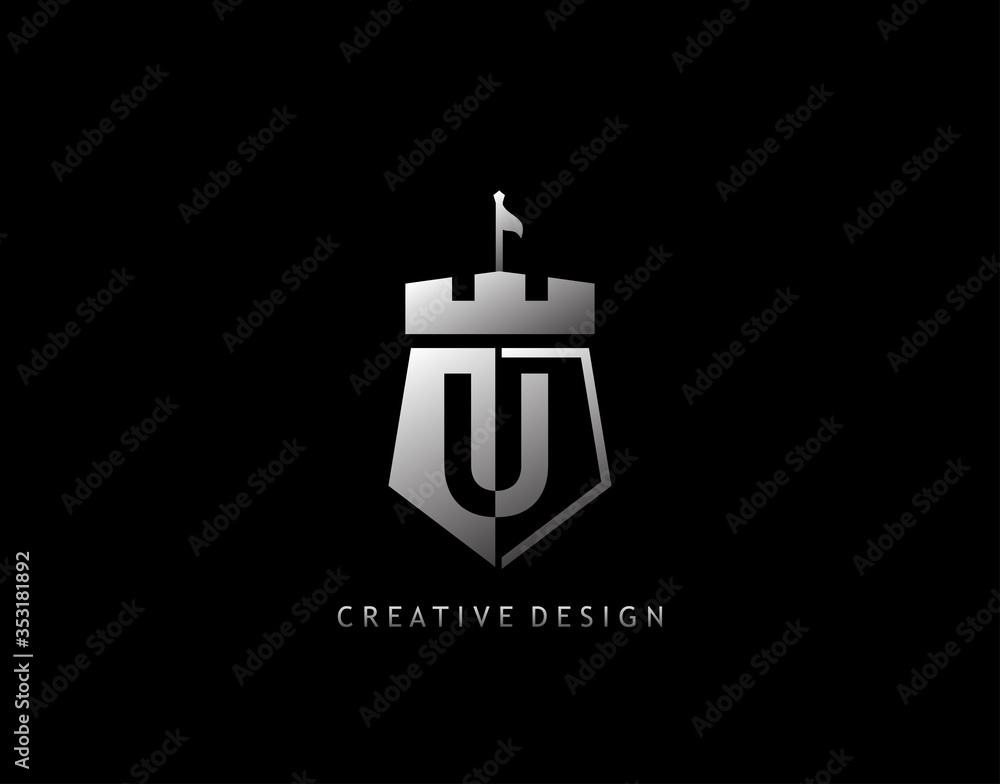 U Letter Silver Shield Icon. Negative Spave Elegant shield Shape ...