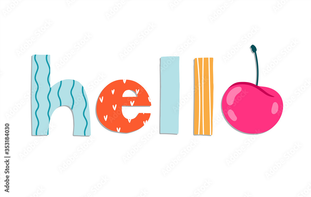 Hello, text and a pink cherry. Trendy hand-drawn vector illustrated ...