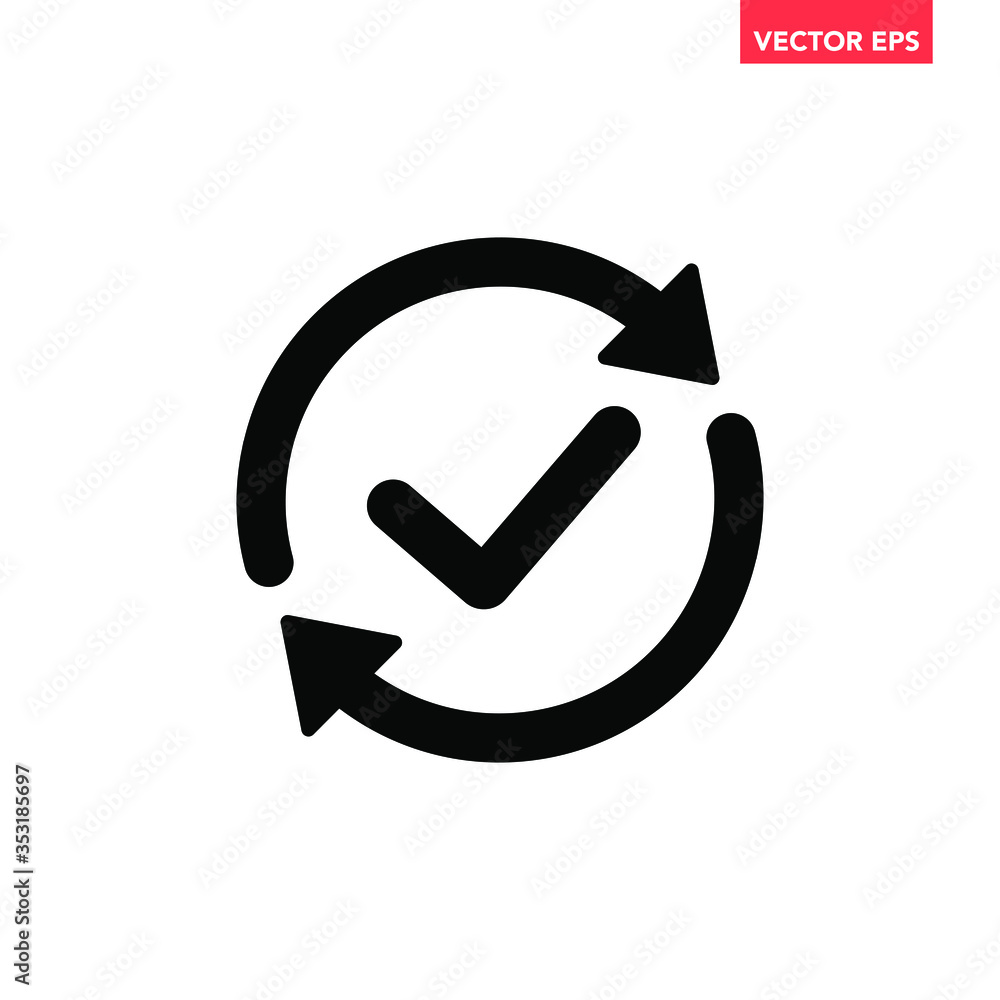 Black round checking process sync approved icon, simple turning arrows syncing flat design ...