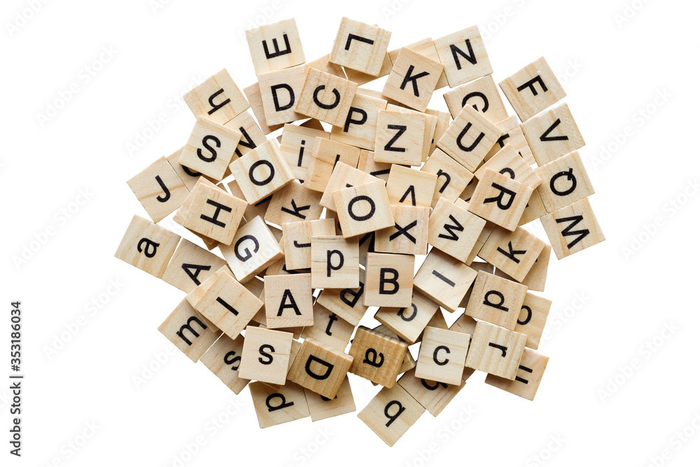 Set of wooden English alphabet blocks with letters - isolated on white ...