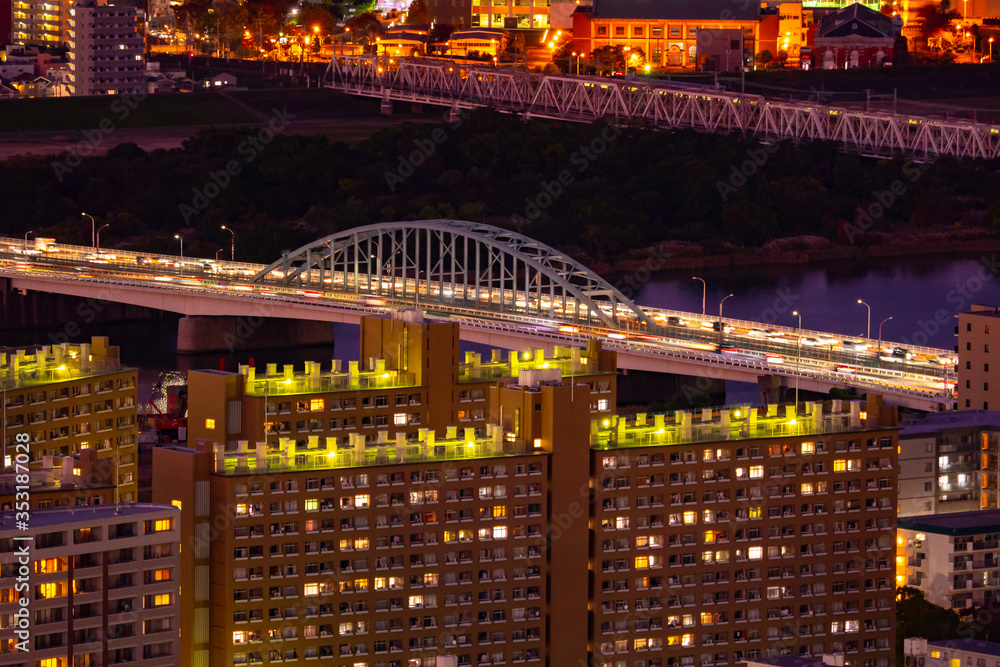 Japan. Evening Osaka top view. Bridges in the night city. Panorama of ...