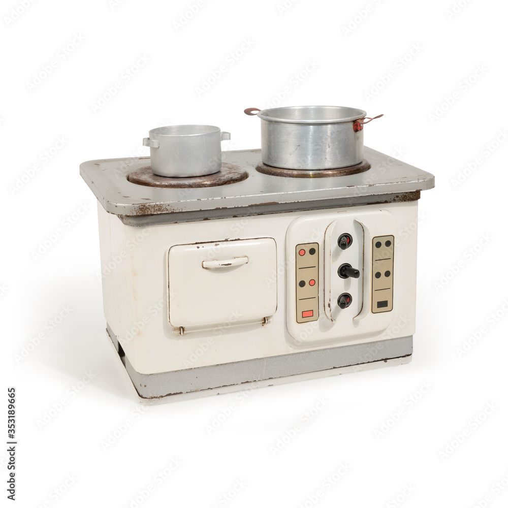 Cute little historic metal toy cooker for children with two aluminum ...