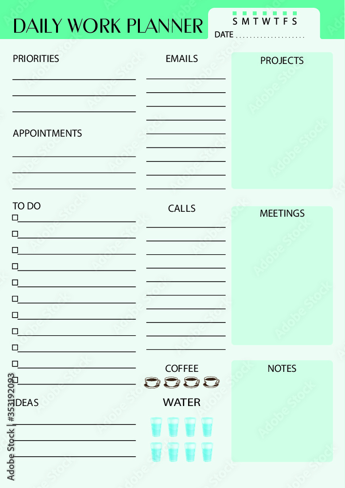 High resolution, professional, printable, daily work planner vector ...