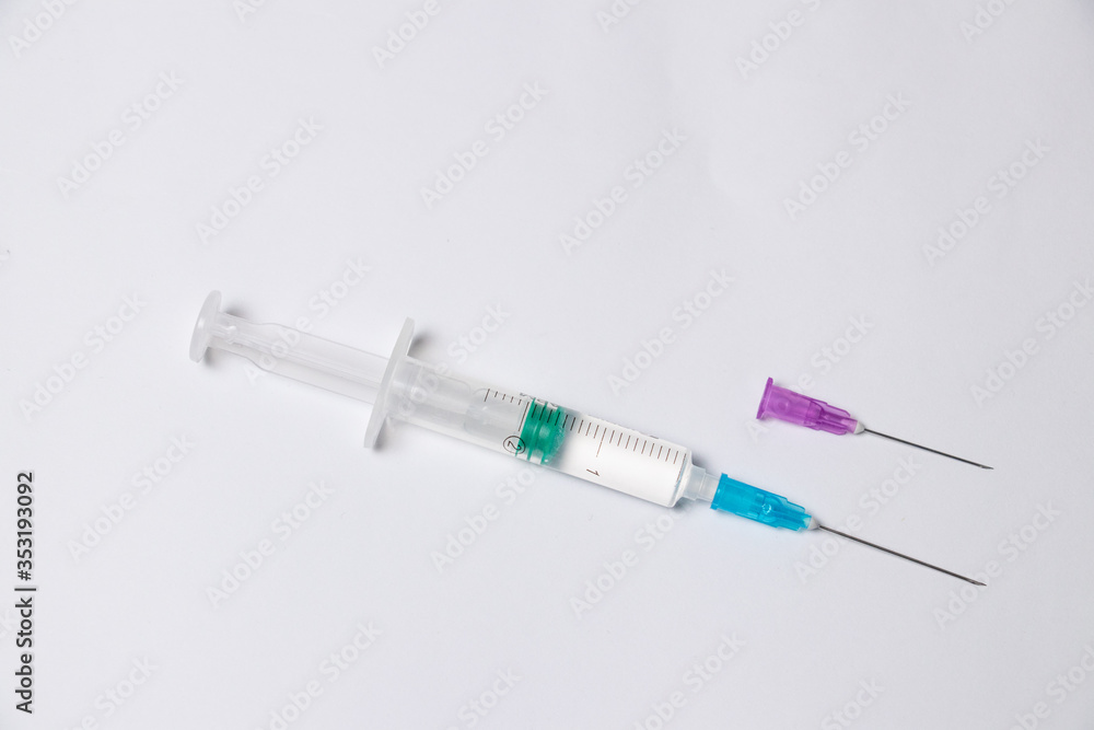 Parts of medical syringe isolated on white background. Needle, syringe ...