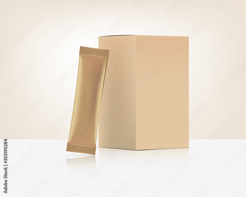 3D Glossy Stick sachet Front and Back with paper box mockup isolated on ...