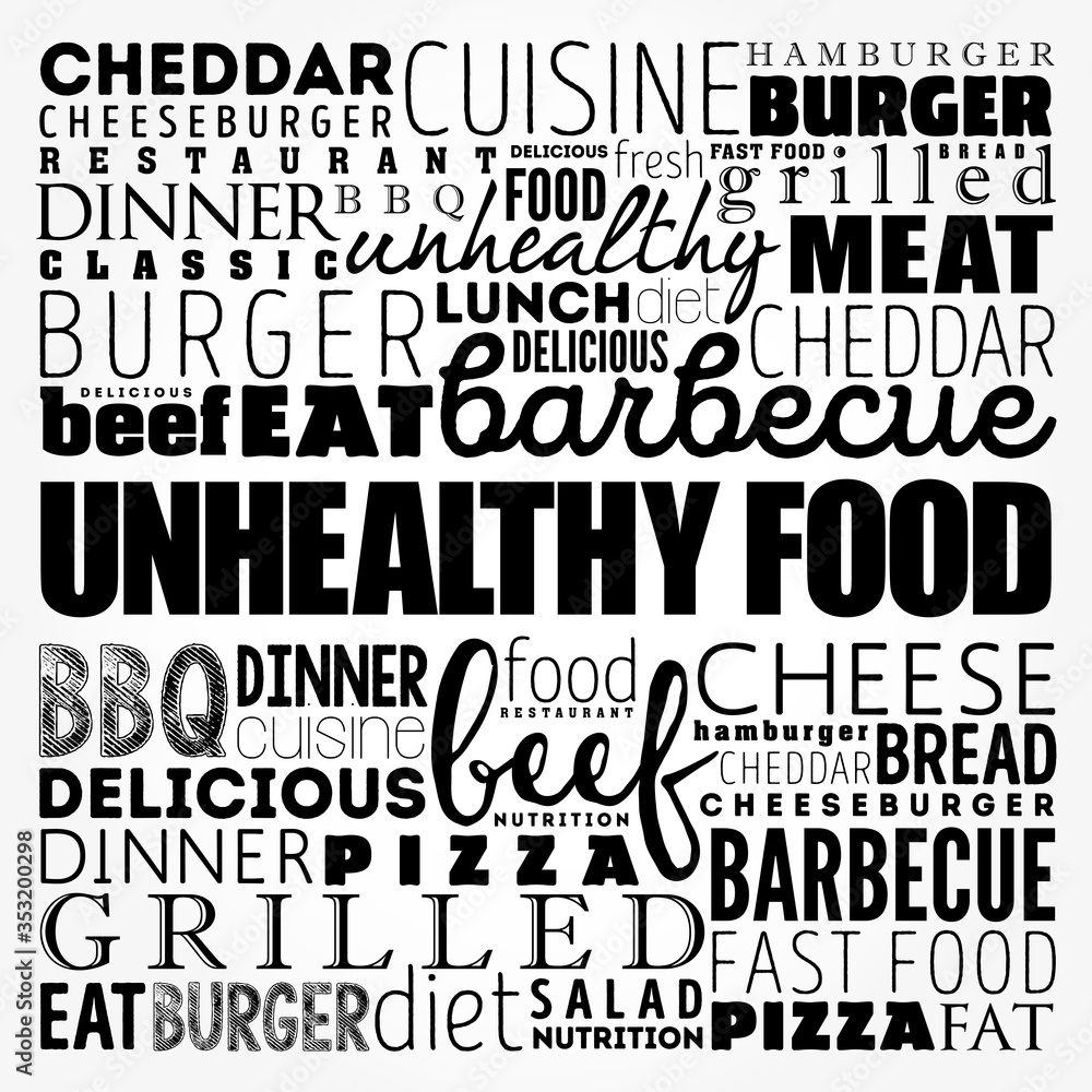 UNHEALTHY FOOD word cloud collage, food concept background Stock Vector ...