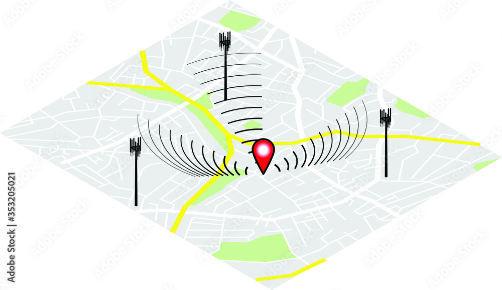 Concept: mobile cell phone tower triangulation. Three cell towers with ...