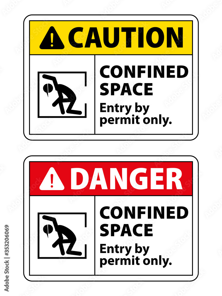 danger and caution sign of confined space, entry by permit only sign ...
