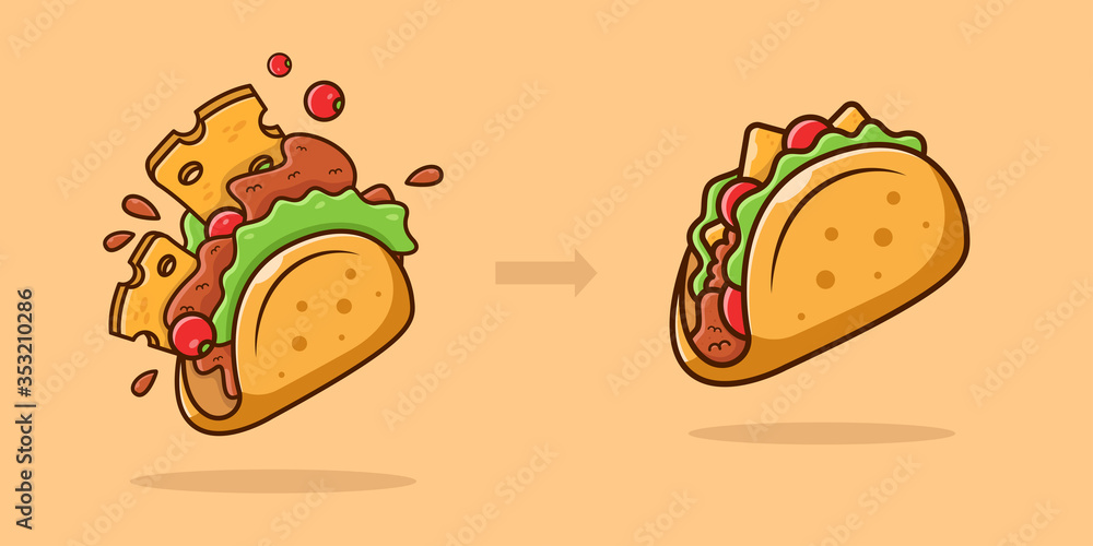 Stages of cooking a taco on an isolated background. Beautiful cartoon ...