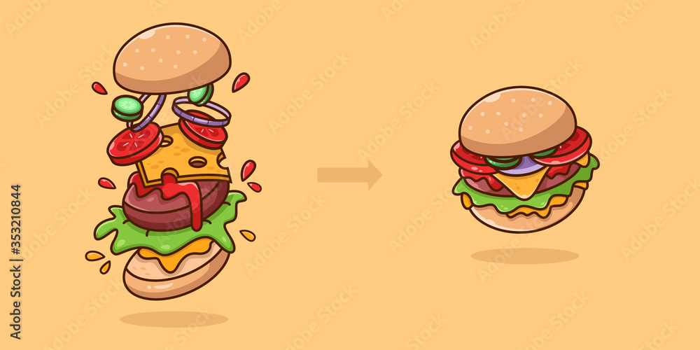 Stages of cooking a burger on an isolated background. Beautiful cartoon ...