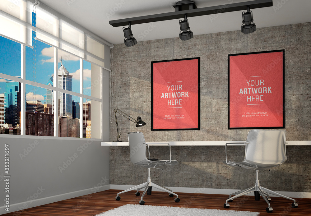 Framed Posters in Office Mockup Stock Template | Adobe Stock