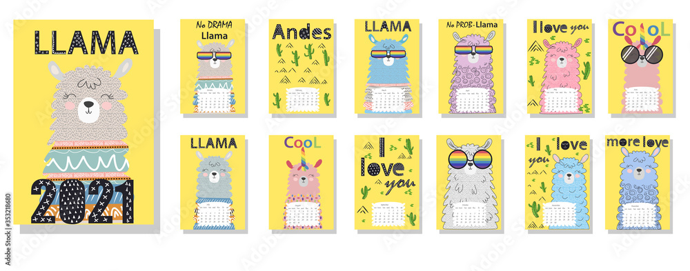 Cute monthly calendar of 2021 with a llama, cactus, inscriptions in the ...