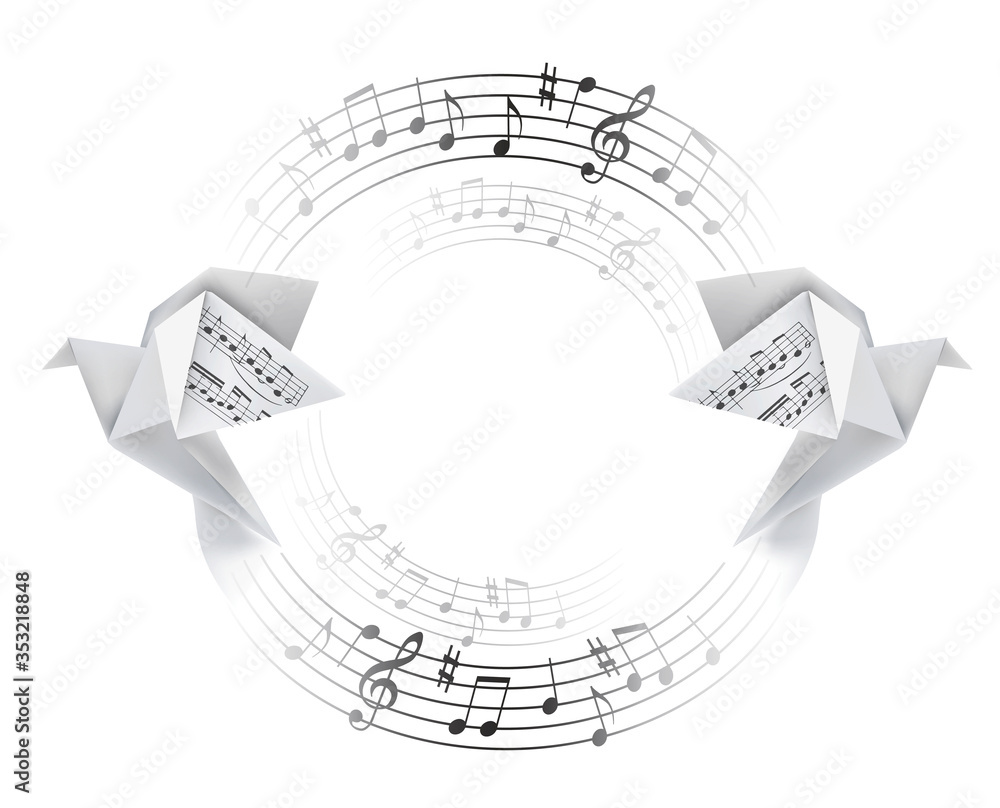 Round decorative frame with Origami doves with musical notes. Stylized ...